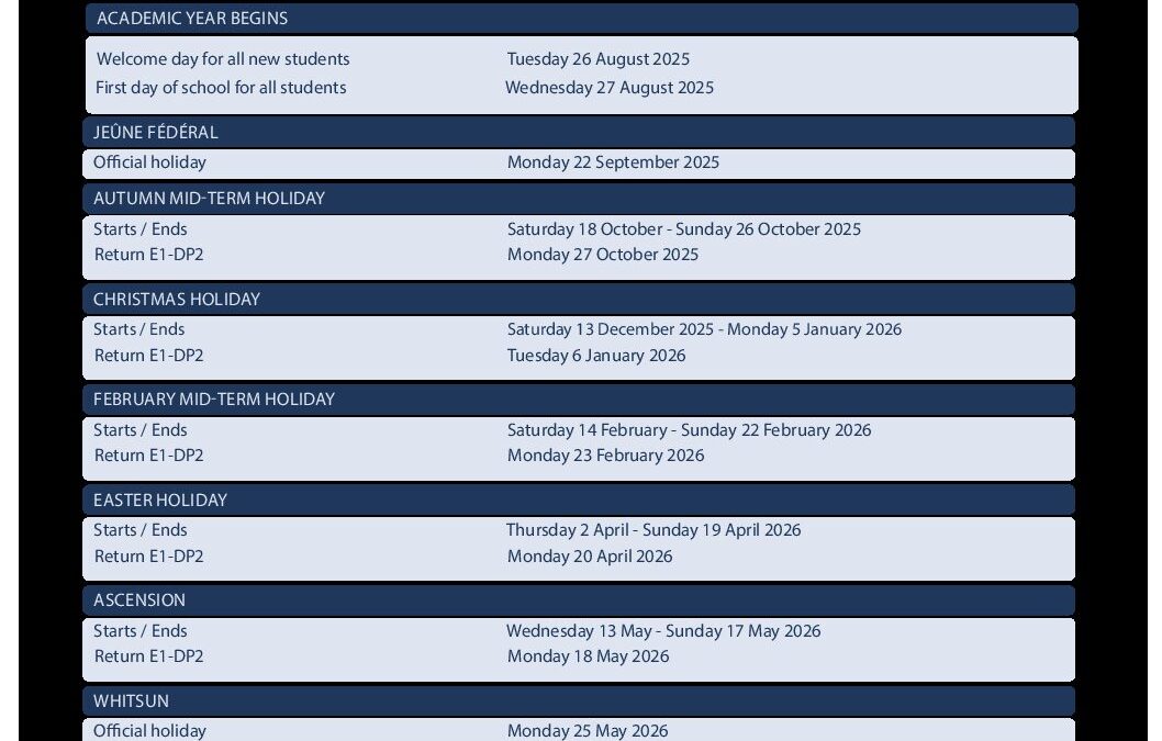 Haut Lac International School | Academic Calendar 2025 - 2026