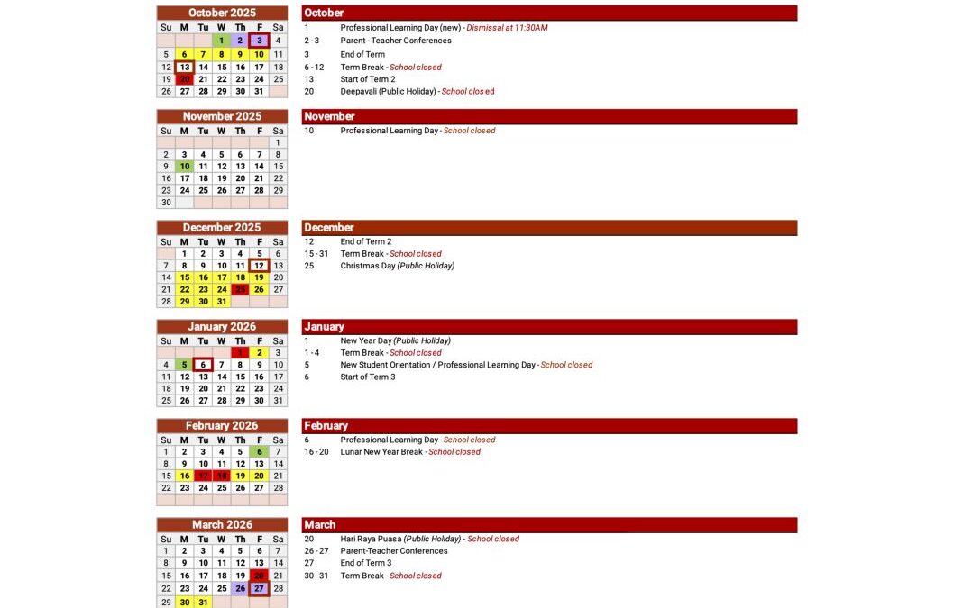XCL World Academy (XWA) Academic Calendar 2025-2026 | Term Dates | TISG ...